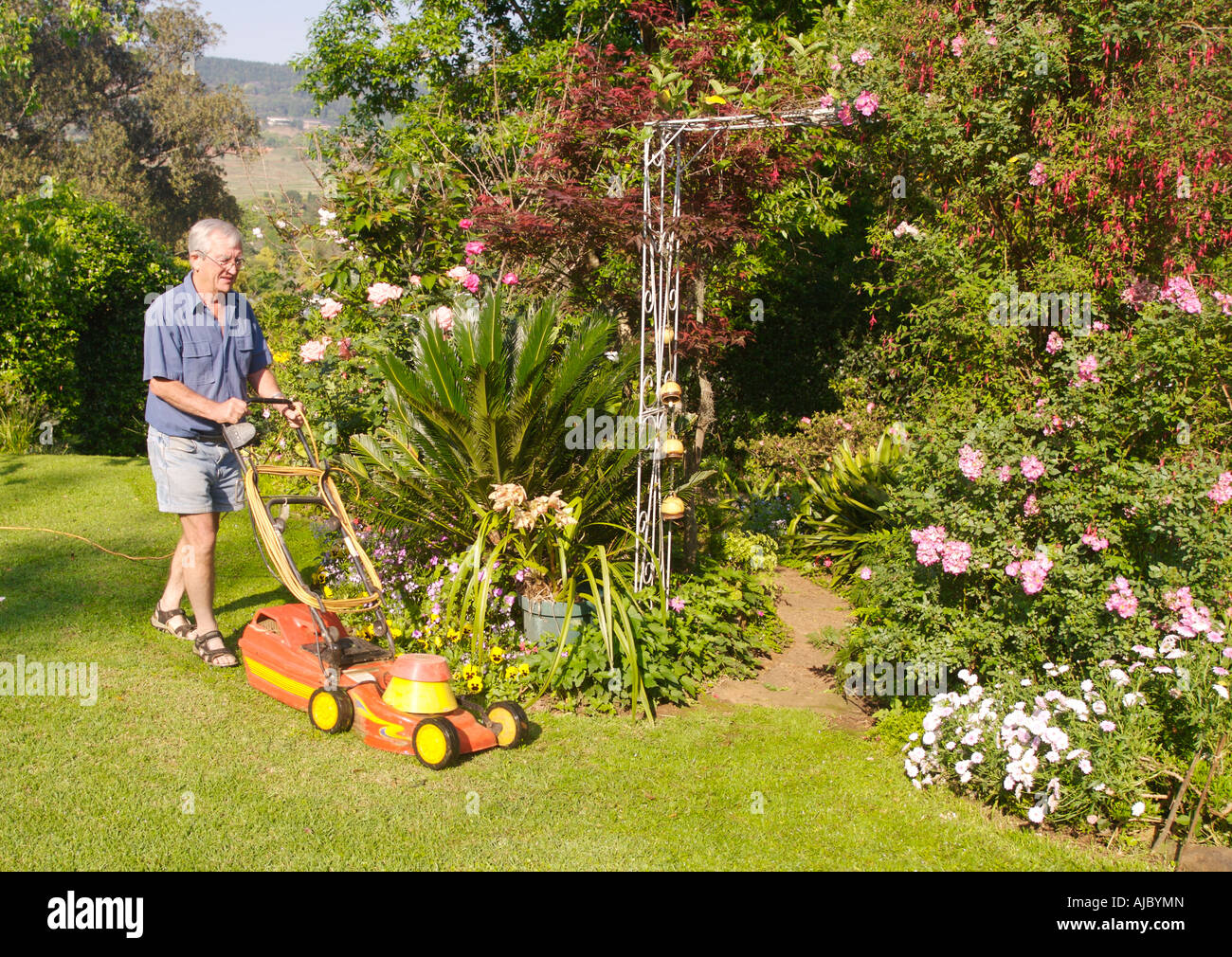 Mature man cutting grass hi-res stock photography and images - Alamy