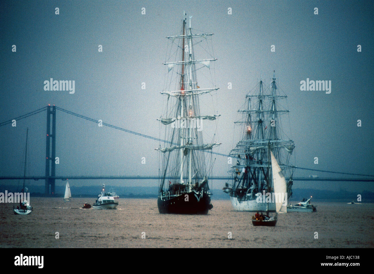 Tall ships with the Humber Bridge in the background Stock Photo - Alamy