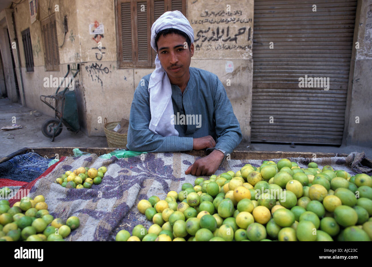 Citrus fruit vendor at his stall Luxor s street market Egypt Stock ...