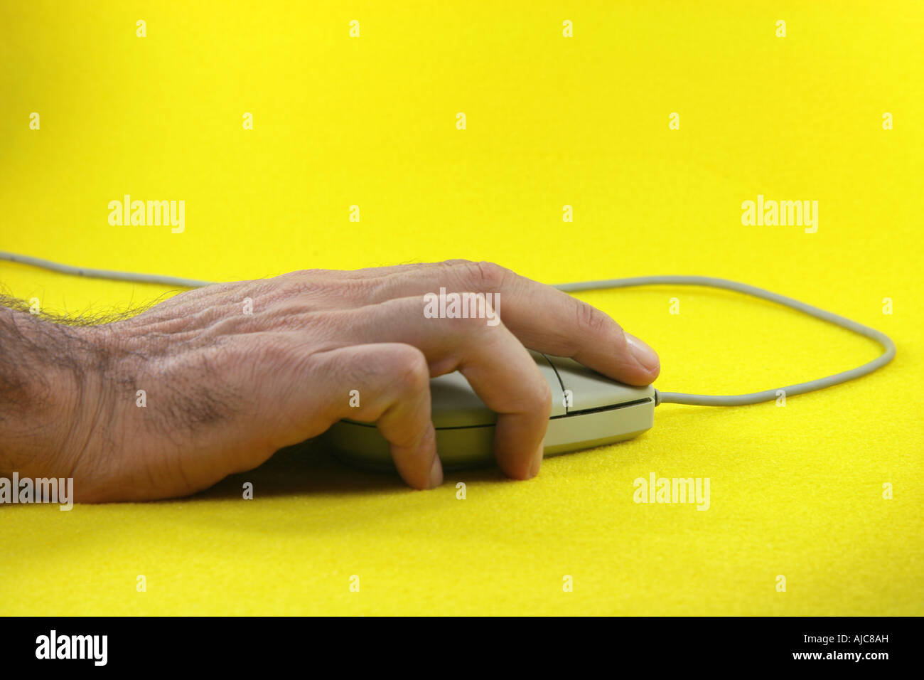 hand holding a mouse in yellow background Stock Photo - Alamy