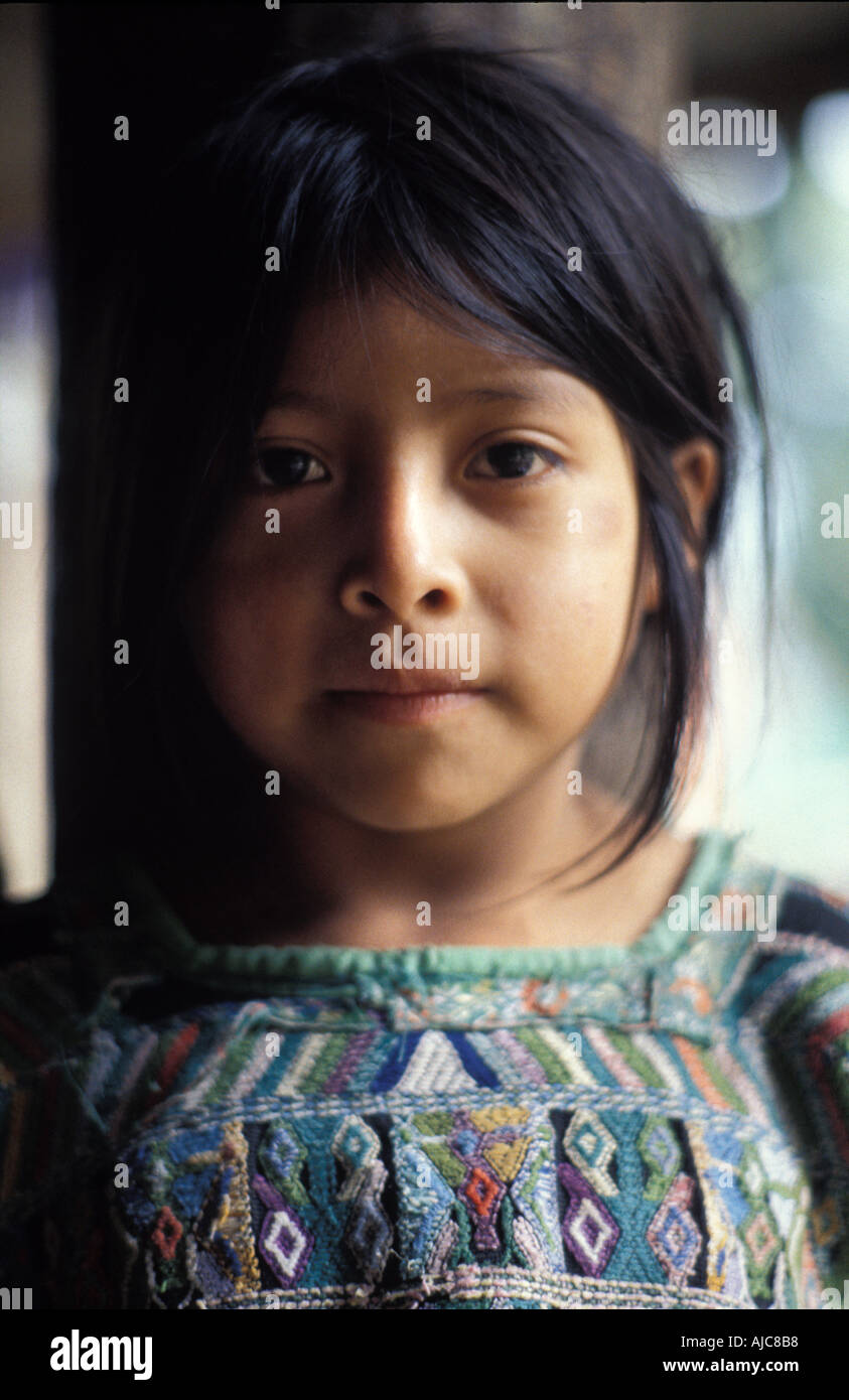 Portrait of a young Maya girl in tribal costume Cotzal Ixil Triangle El ...