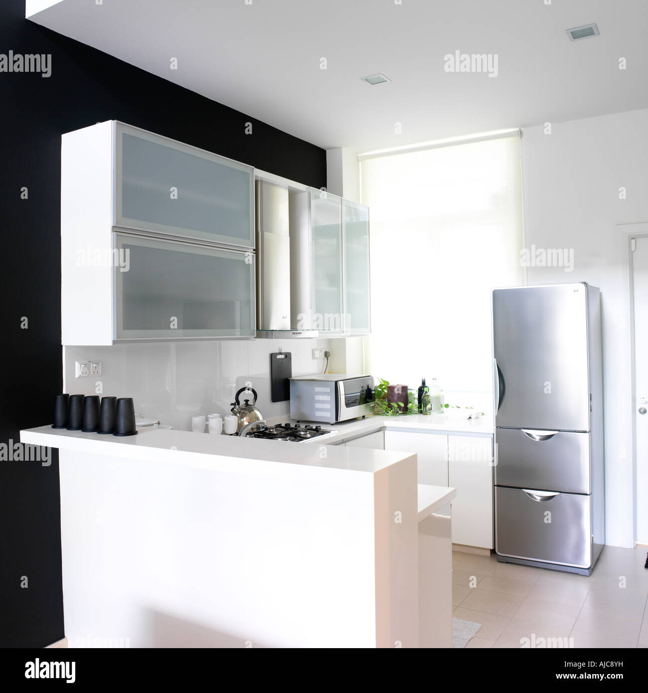 Contemporary kitchen with refrigerator and shelves Stock Photo - Alamy