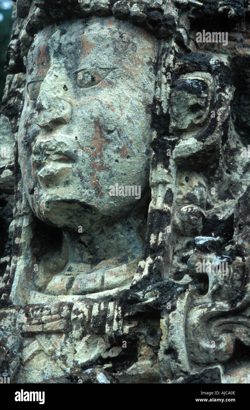 Close up of face of stone carved stela megalith depicting ancient Maya ...