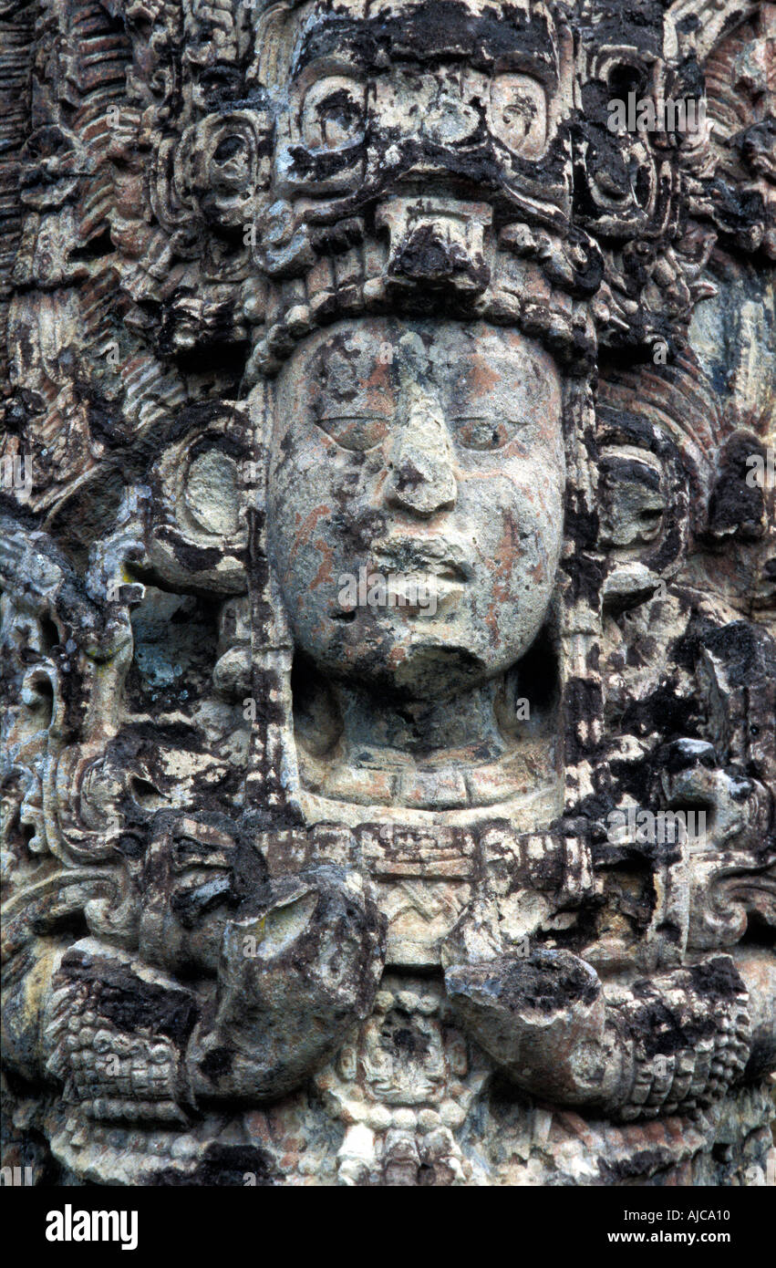 Stone carved stela megalith depicting ancient Maya King Smoke 18 Rabbit ...