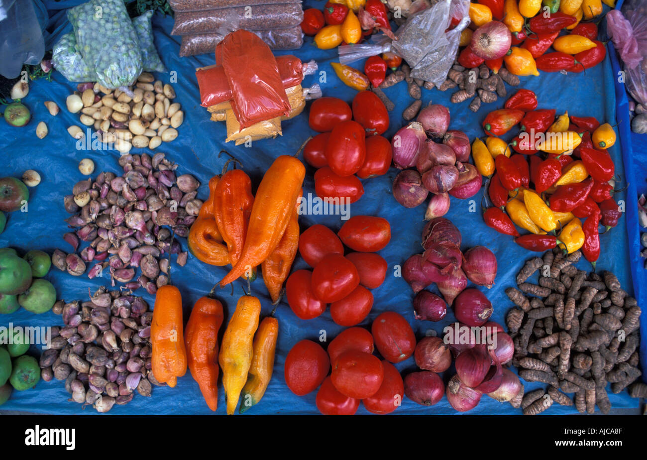 Selection of colourful vegetables for sale in a Peruvian market ...