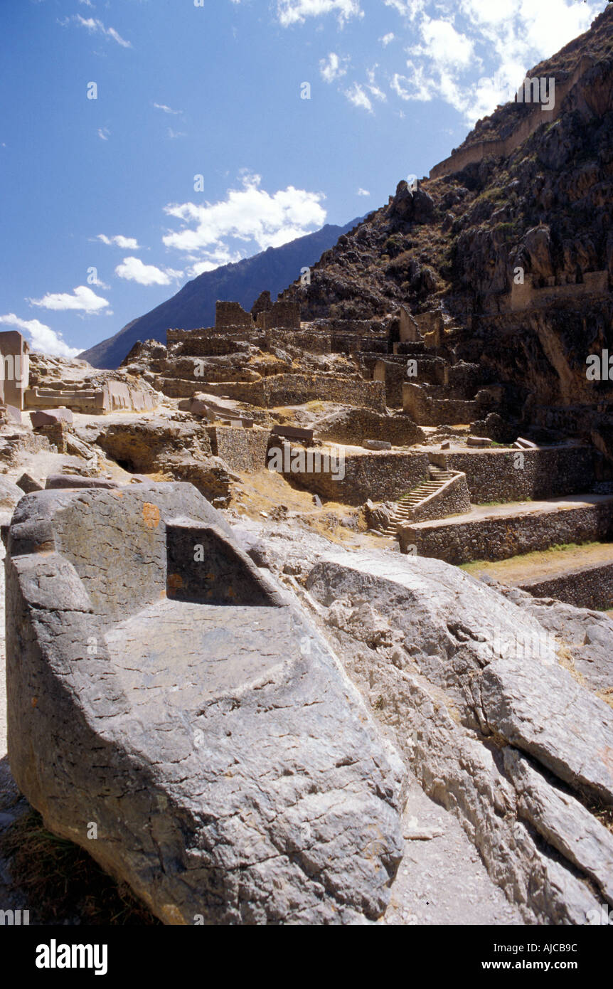 Inca stone carved bench in the ruins above the town of Ollantaytambo En ...