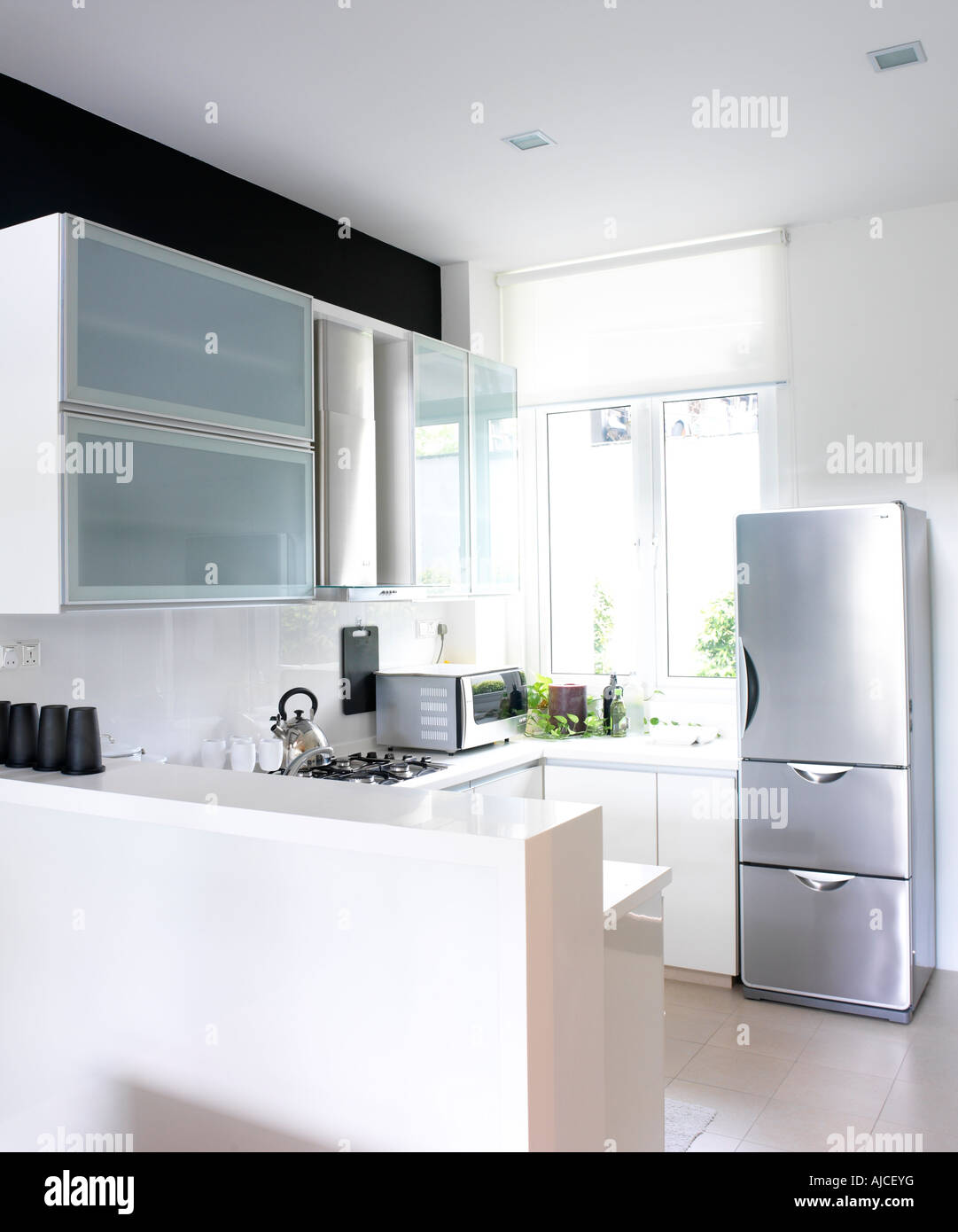 Contemporary kitchen with refrigerator and shelves Stock Photo - Alamy