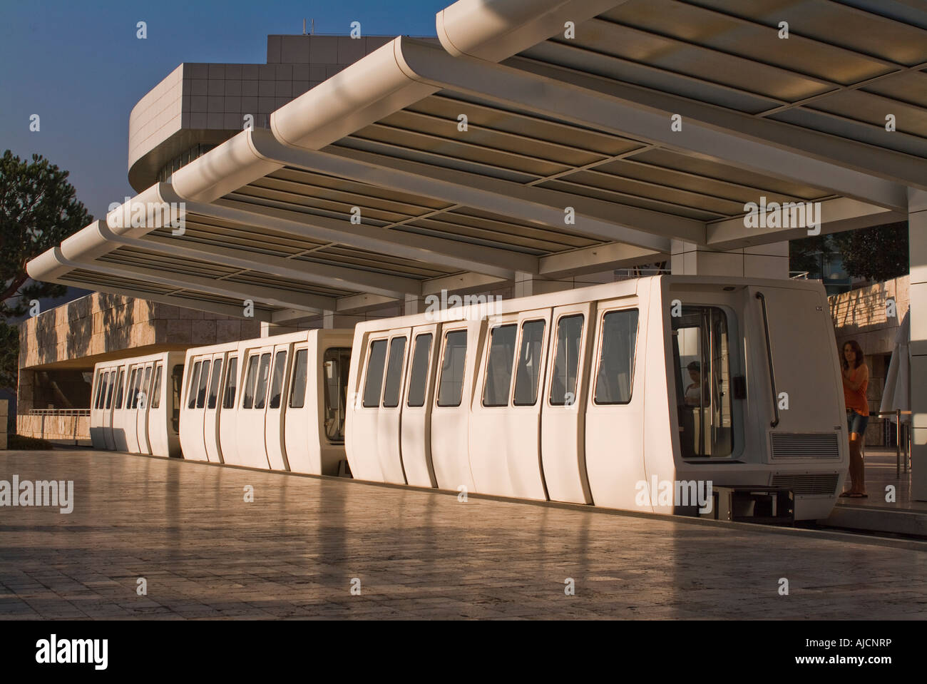 Tram cars sitting outside of John Paul Getty Center in Los Angeles ...