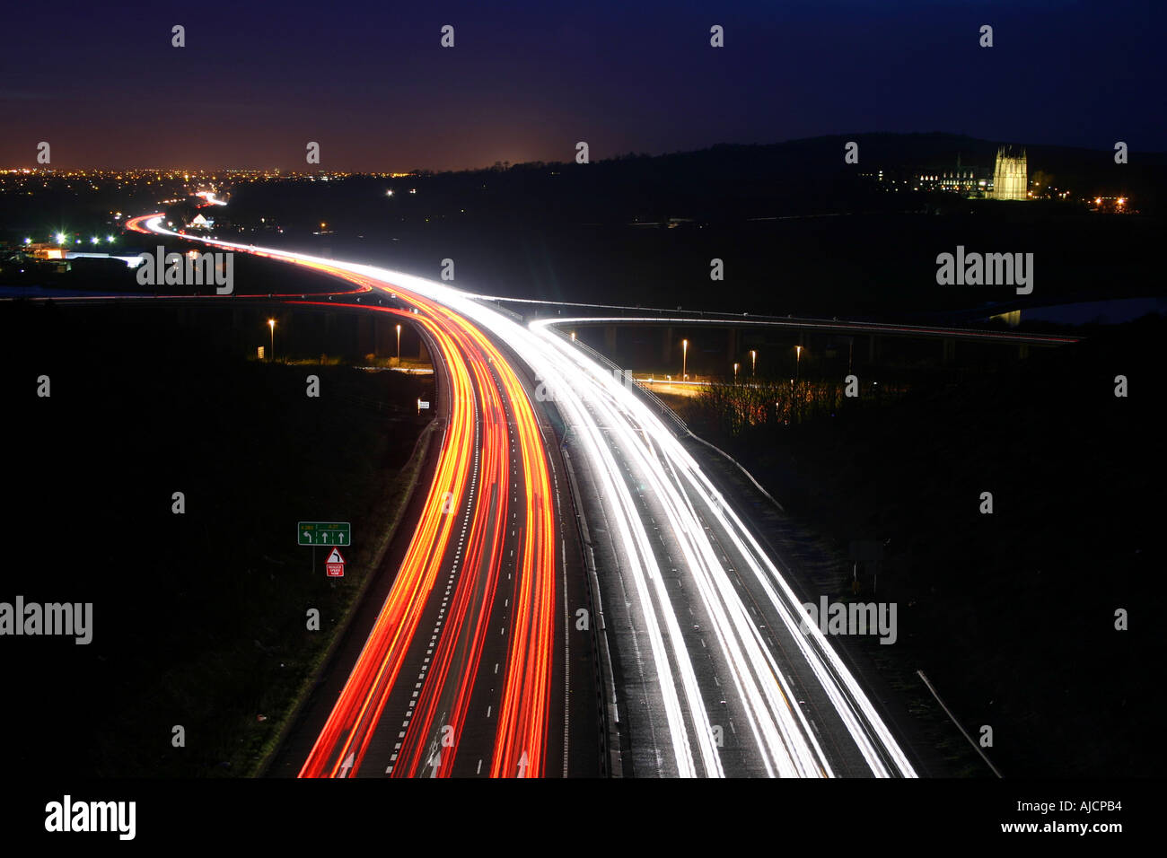 A long exposure photograph looking down from the flyover bridge that ...