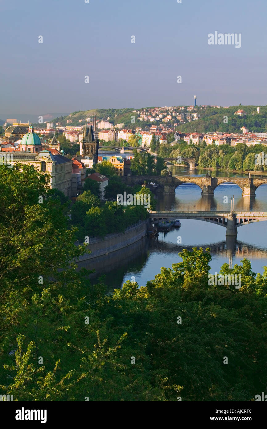 Vista of Prague showing the bridges crossing the Vltava River with ...