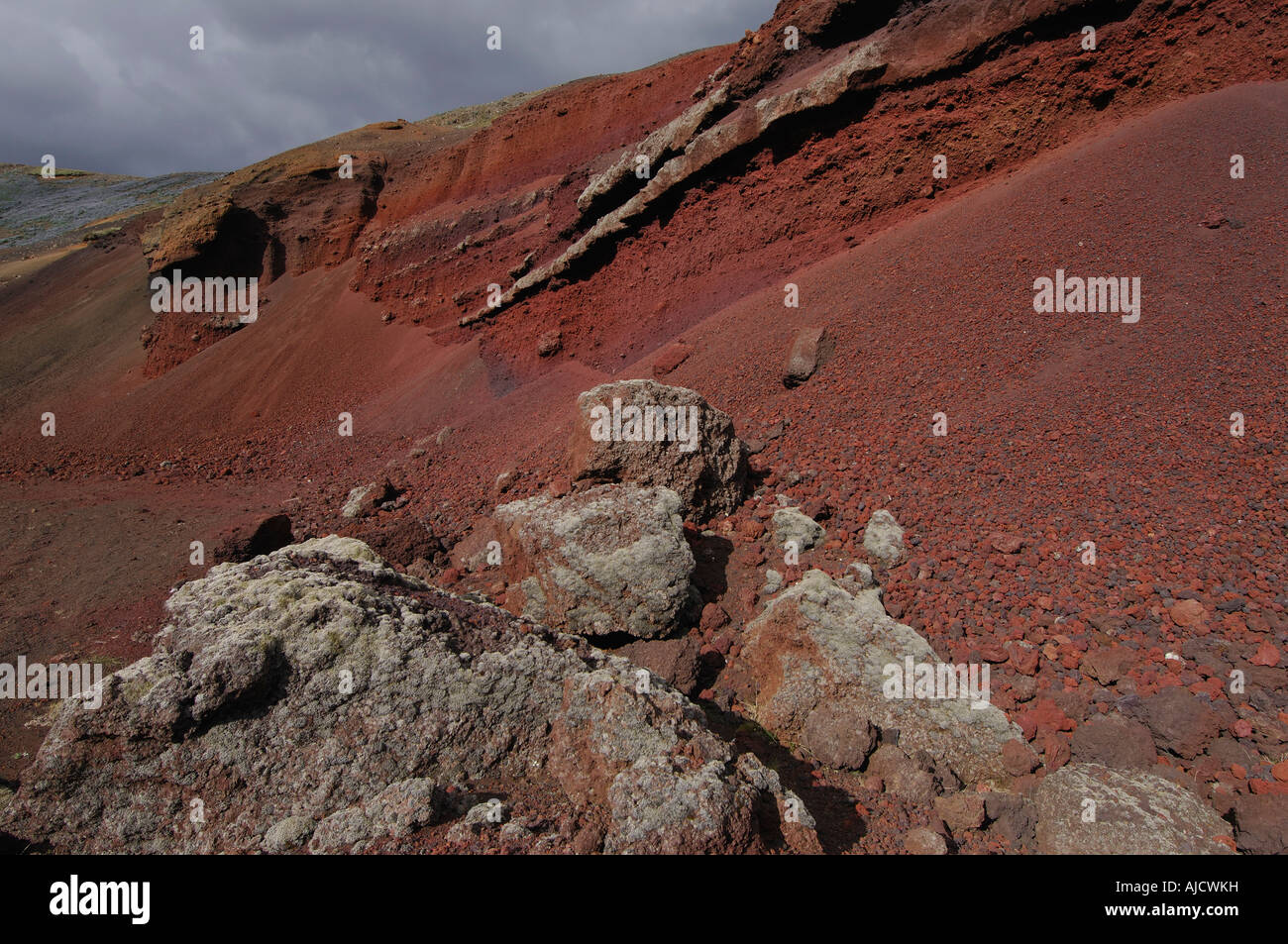 Brightly coloured volcanic rocks and soils near Grindavik south west ...