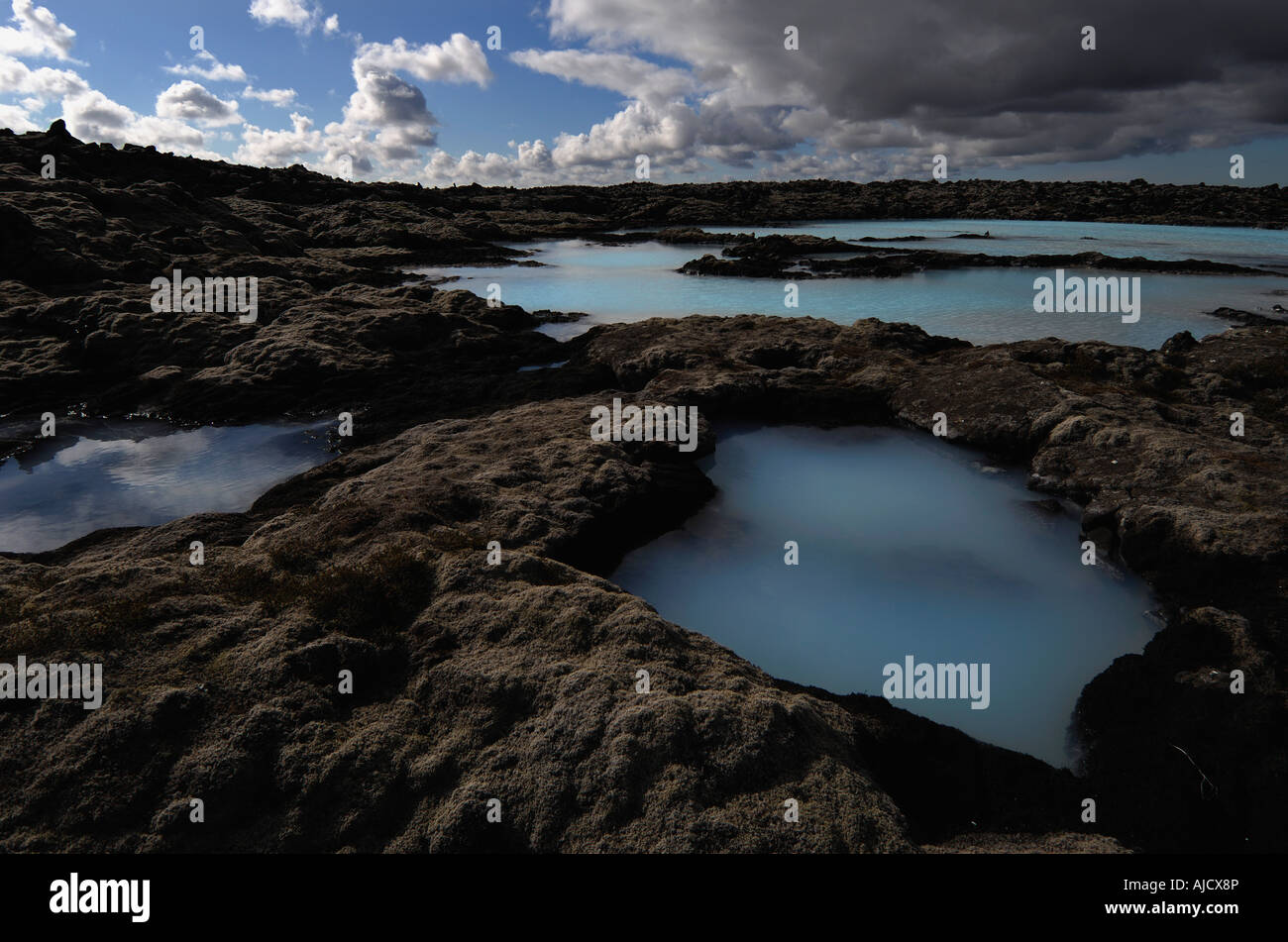 Pools of blue sulphur laden water at the Blue Lagoon resort south west ...