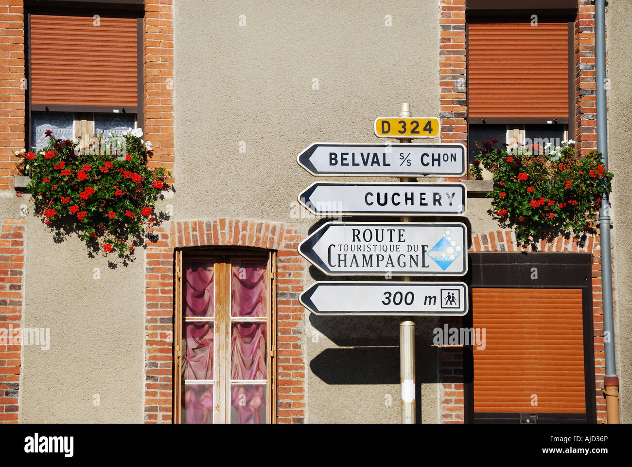 Road signs on Champagne wine route, Fleury-la-Riviere, Marne, Champagne ...