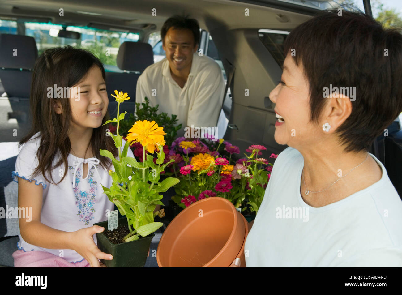 family loading flowers into back of SUV, close up Stock Photo - Alamy