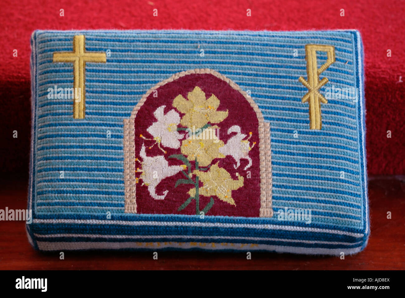 Church hassock embroidered with lily design Stock Photo - Alamy