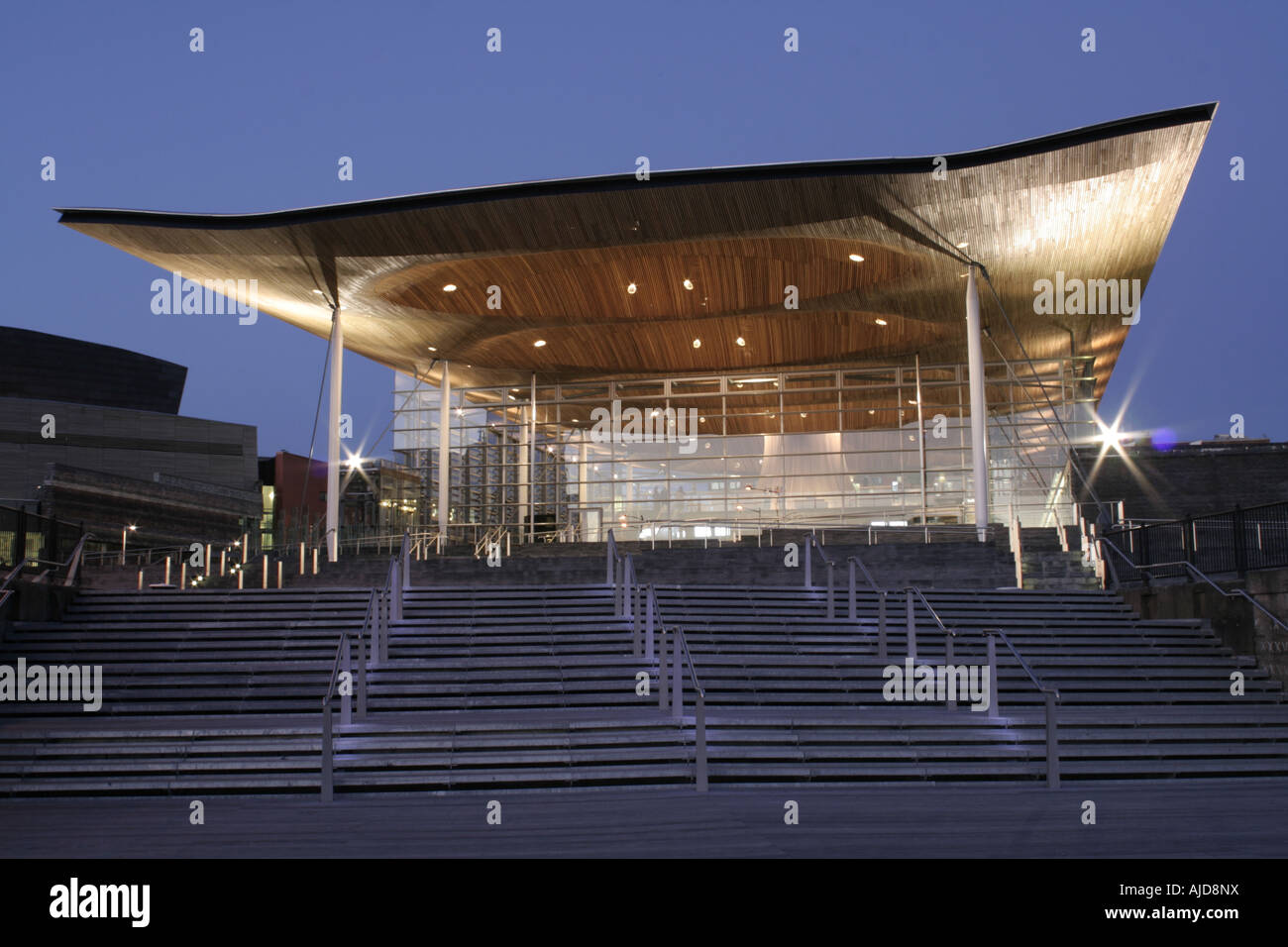 cardiff bay waterfront at night welsh assembly building wales uk gb ...