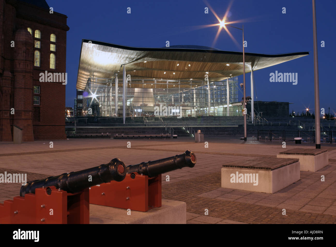 cardiff bay waterfront at night welsh assembly building wales uk gb ...