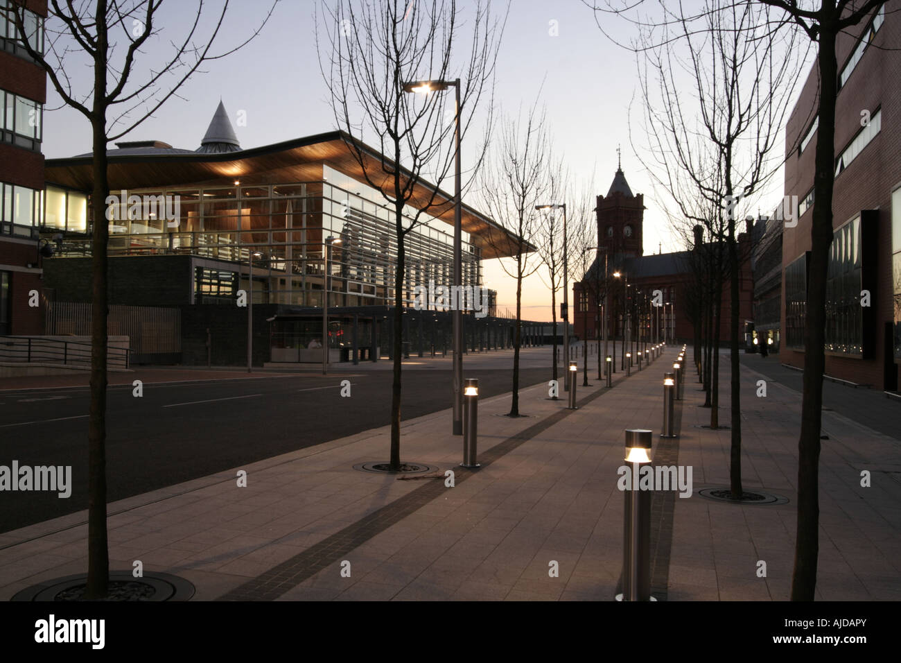 cardiff bay waterfront at night welsh assembly building wales uk gb ...