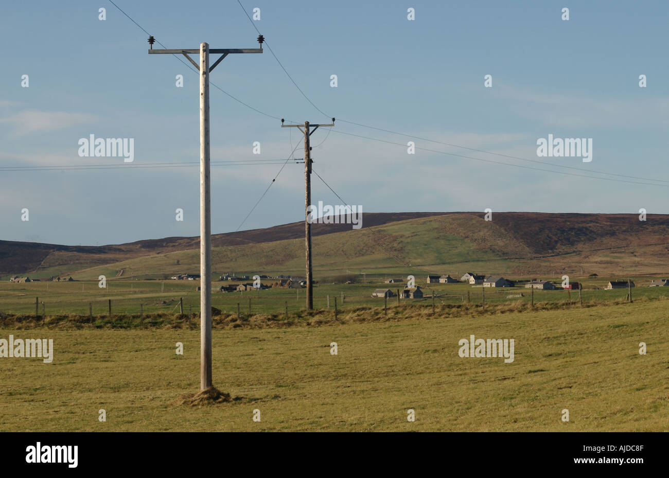 dh Hydro Electric ELECTRICITY UK Power cable poles in rural area across ...