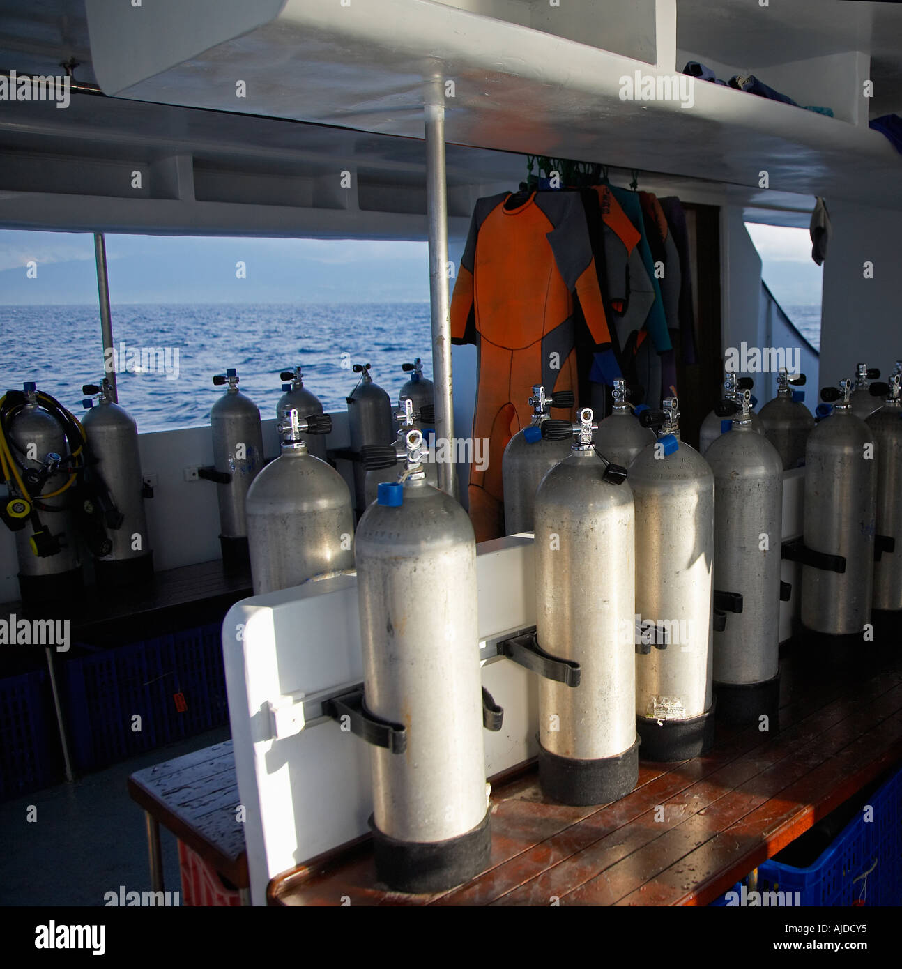 Scuba Tanks on Dive Boat North Sulawesi, Indonesia Stock Photo - Alamy