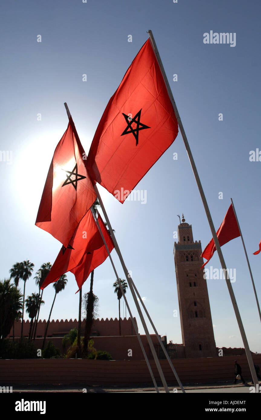 Moroccan flags flying with Koutoubia Mosque in background - Marrakesh ...