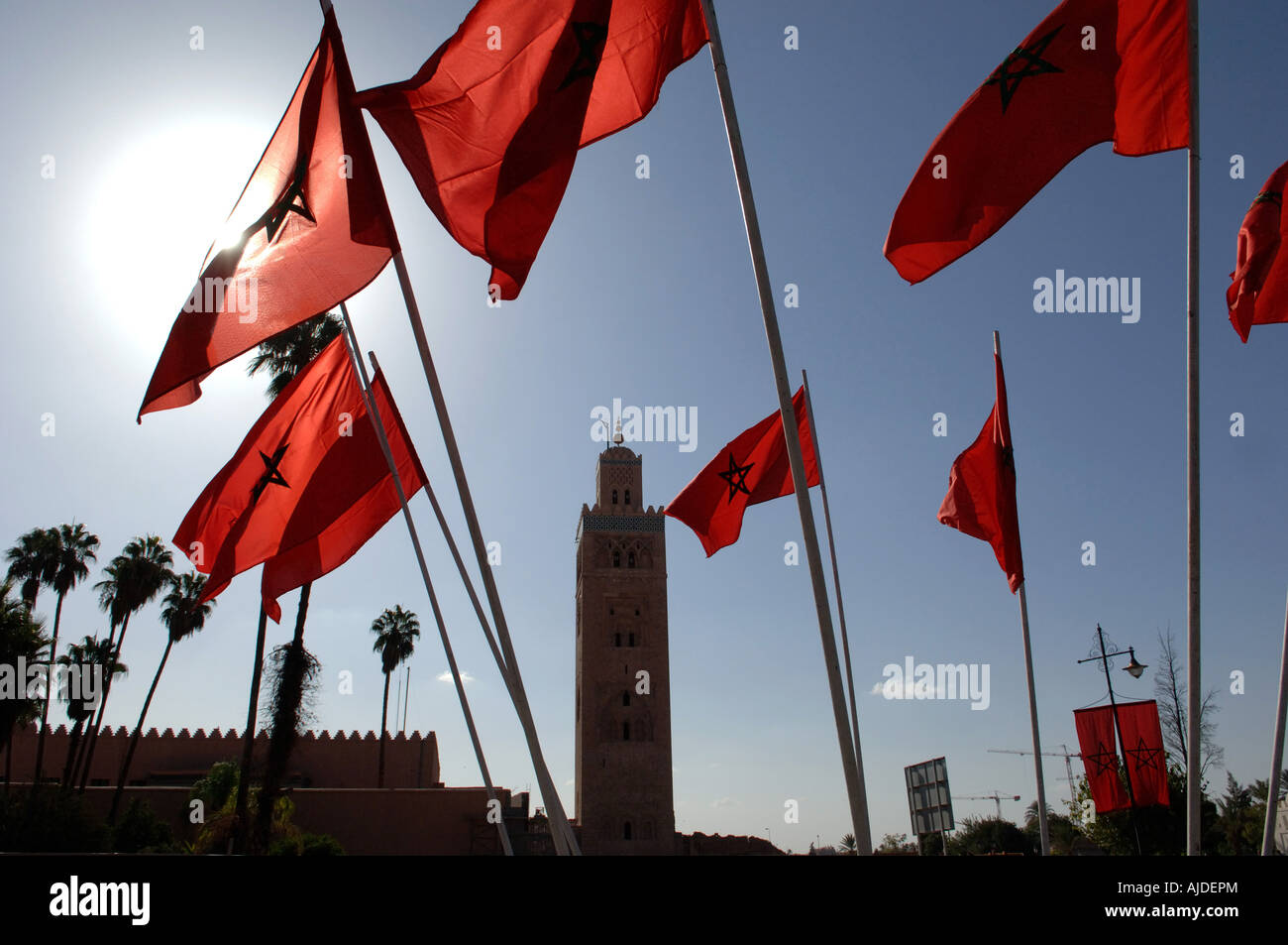 Moroccan flags flying with Koutoubia Mosque in background - Marrakesh ...
