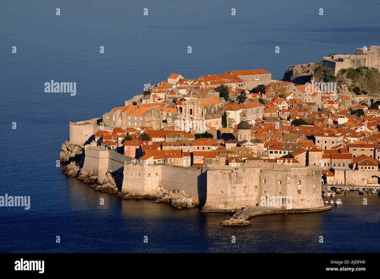 Aerial view of the walled city of Dubrovnik surrounded by the calm ...