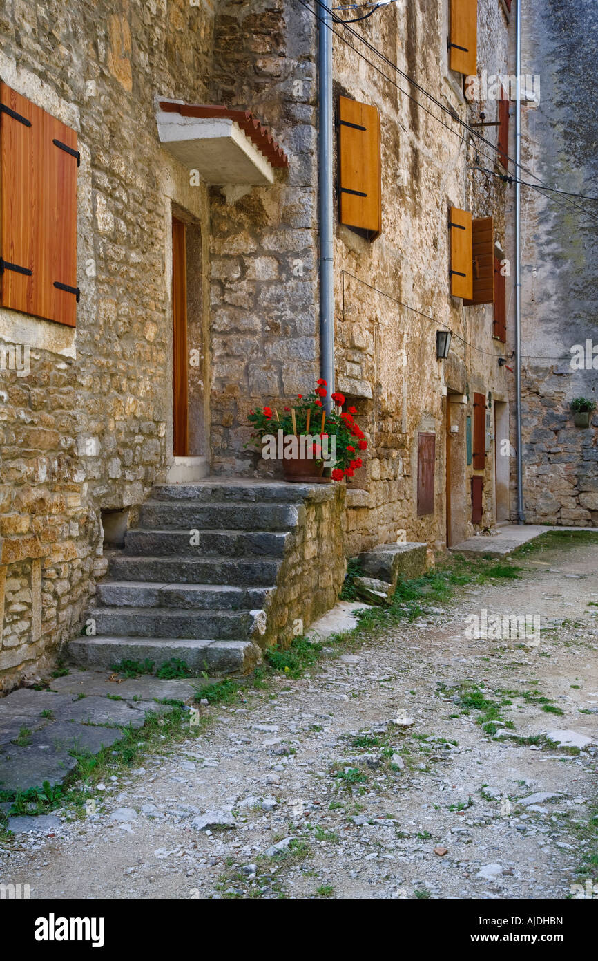 Flower pot sits on stone stairway in the village of Bale Croatia Stock ...