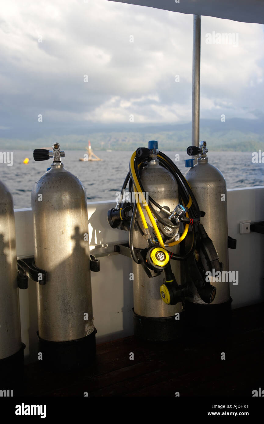 Scuba Equipment on a Dive Boat in North Sulawesi Indonesia Stock Photo ...