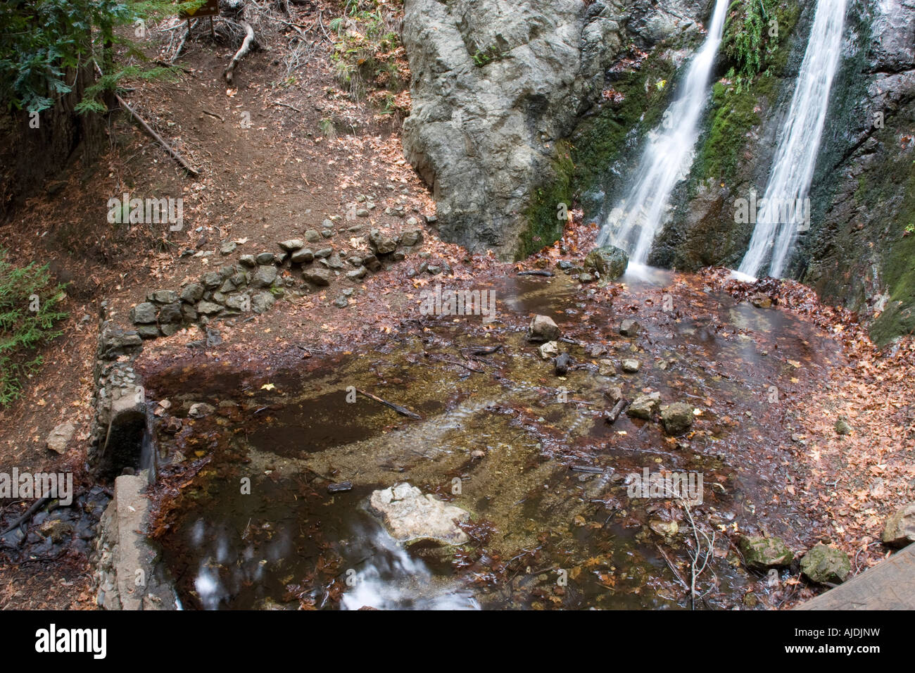 Twin waterfalls running into stream Stock Photo - Alamy