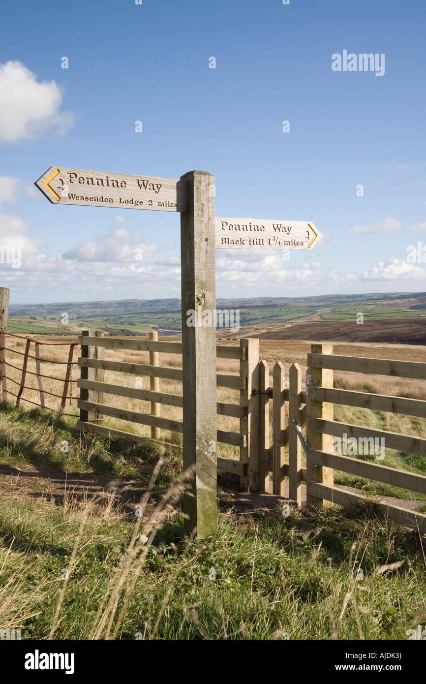 Pennine Way signpost sign pointing Black Hill and footpath gate in Peak ...