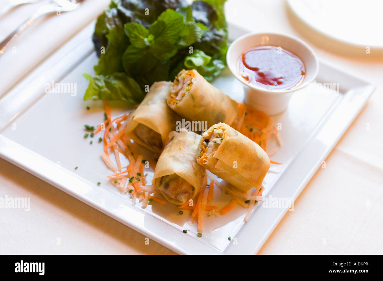 Crispy Shrimp Spring Roll mint / sweet chili Stock Photo - Alamy
