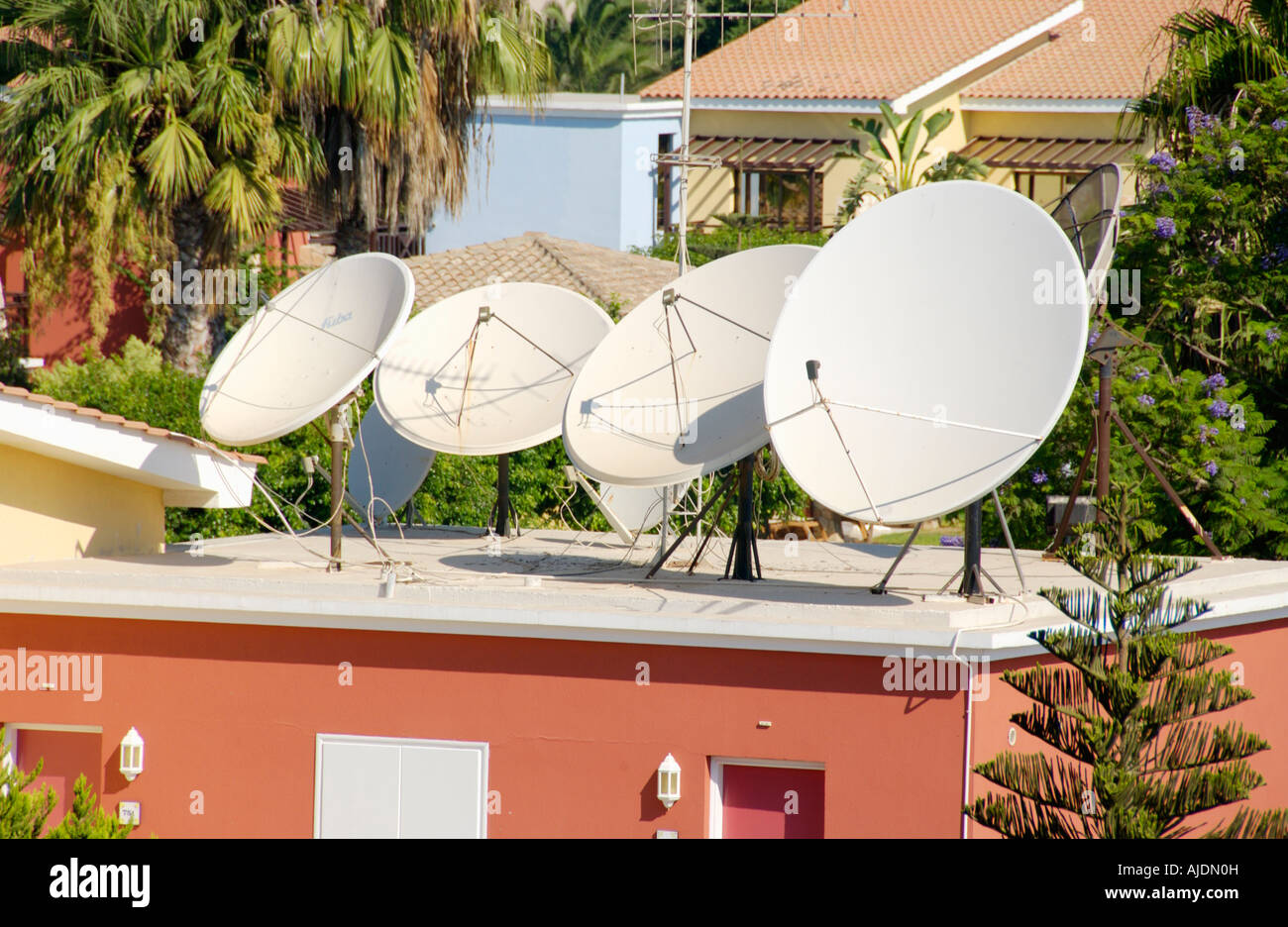Satellite dish array at hotel Ayia Napa on the Mediterranean island of ...