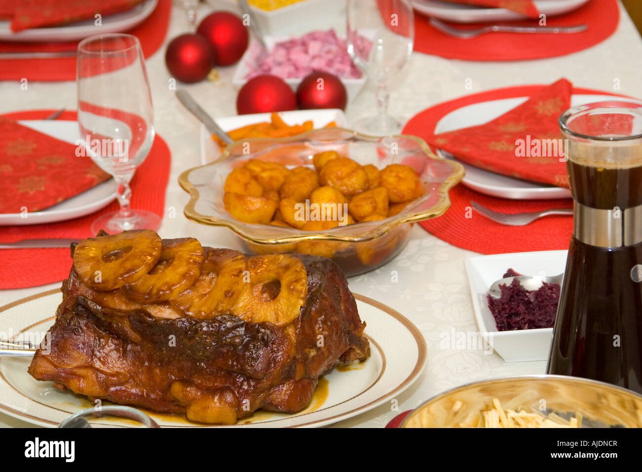 traditional north european christmas dinner on a set christmas table ...
