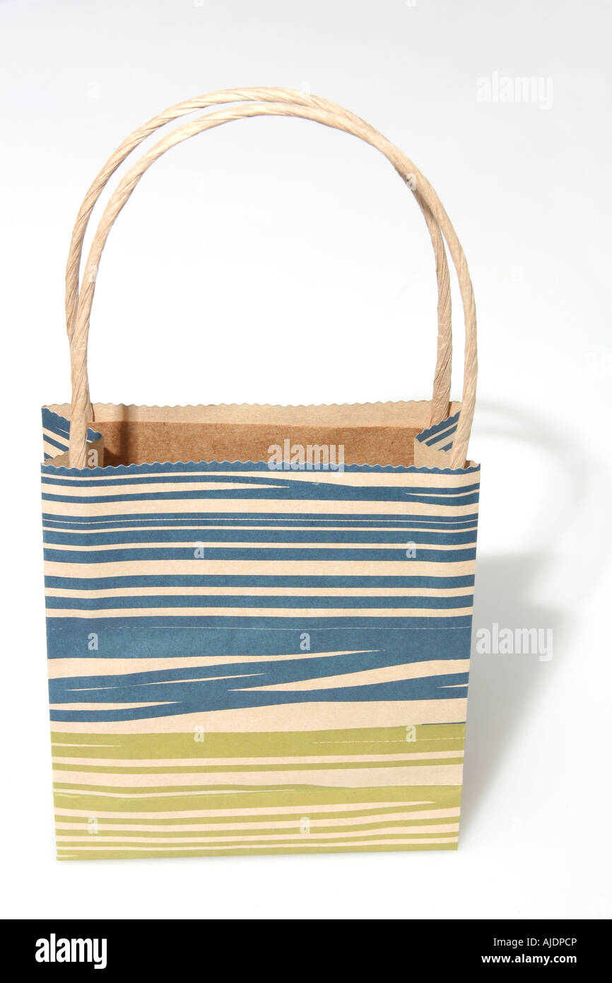 Empty blue and green striped paperbag isolated on white frontal view ...