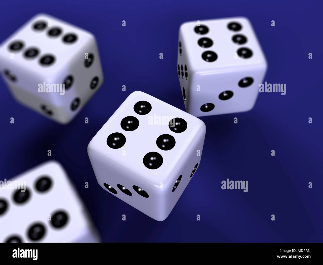 Four white dice against a blue background. Each of them showing number ...