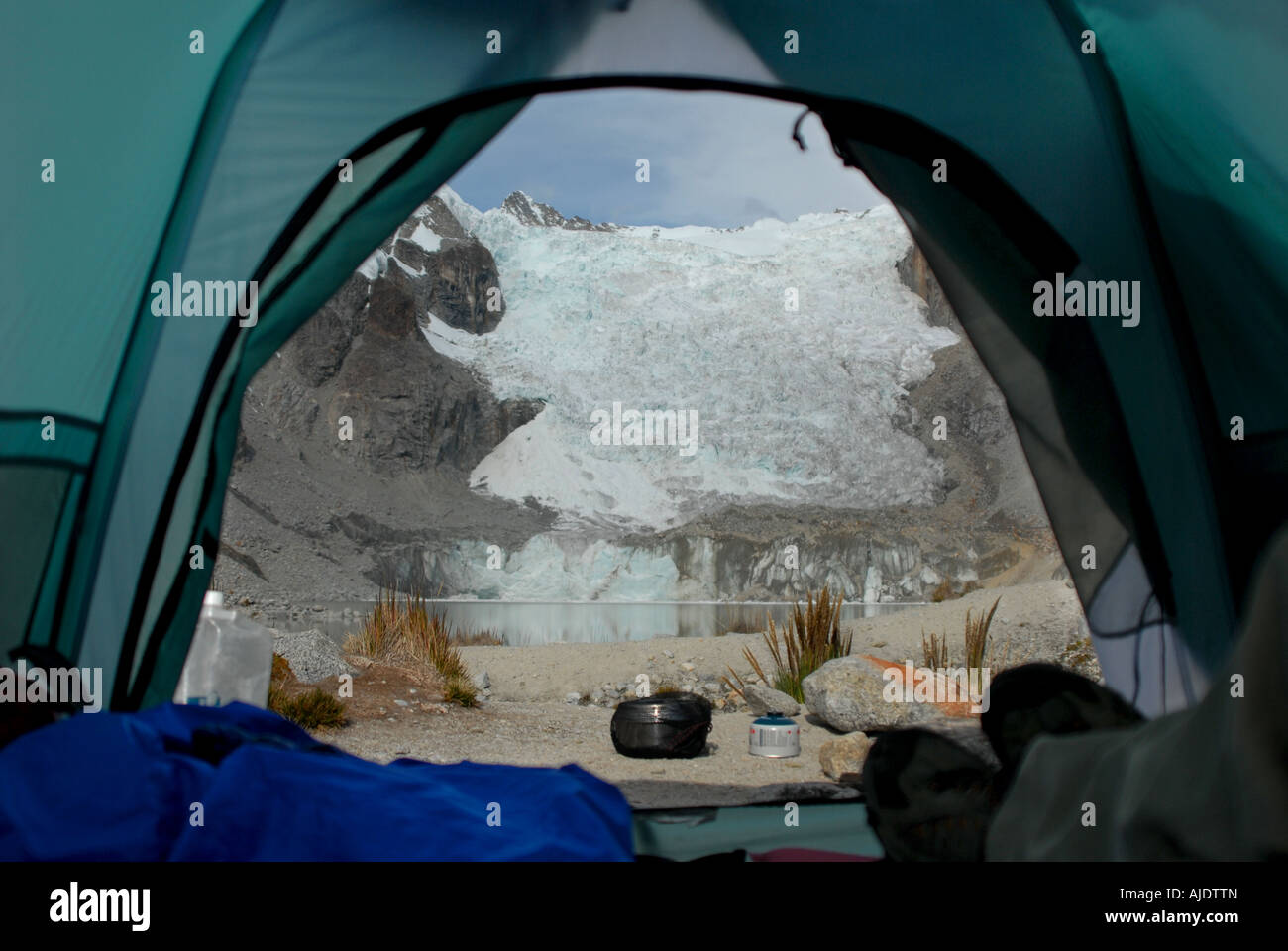 Lagunas Glaciar is seen from inside a tent at 5,038 meters located ...