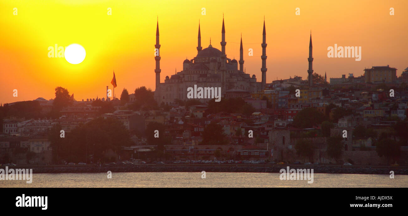 Full sun & sunset over the Sultan Ahmet Mosque or Blue Mosque with six ...