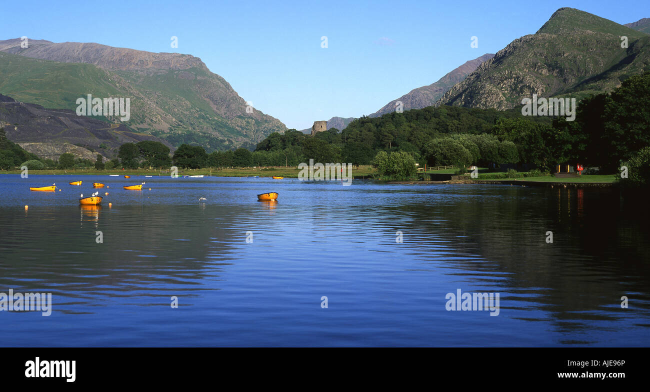 Llyn Padarn and Dolbadarn Castle, looking south up Llanberis Pass at ...