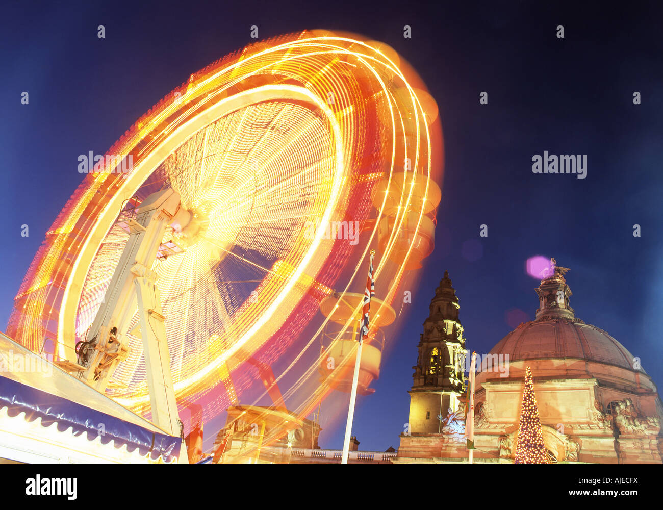 Cardiff City Hall and Big Wheel at night during Winter Wonderland ...