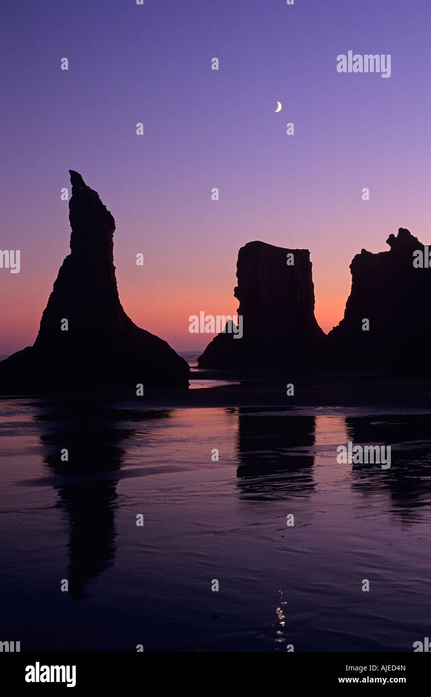 Southern Oregon Coastline sunset with silhouetted rock formations and ...