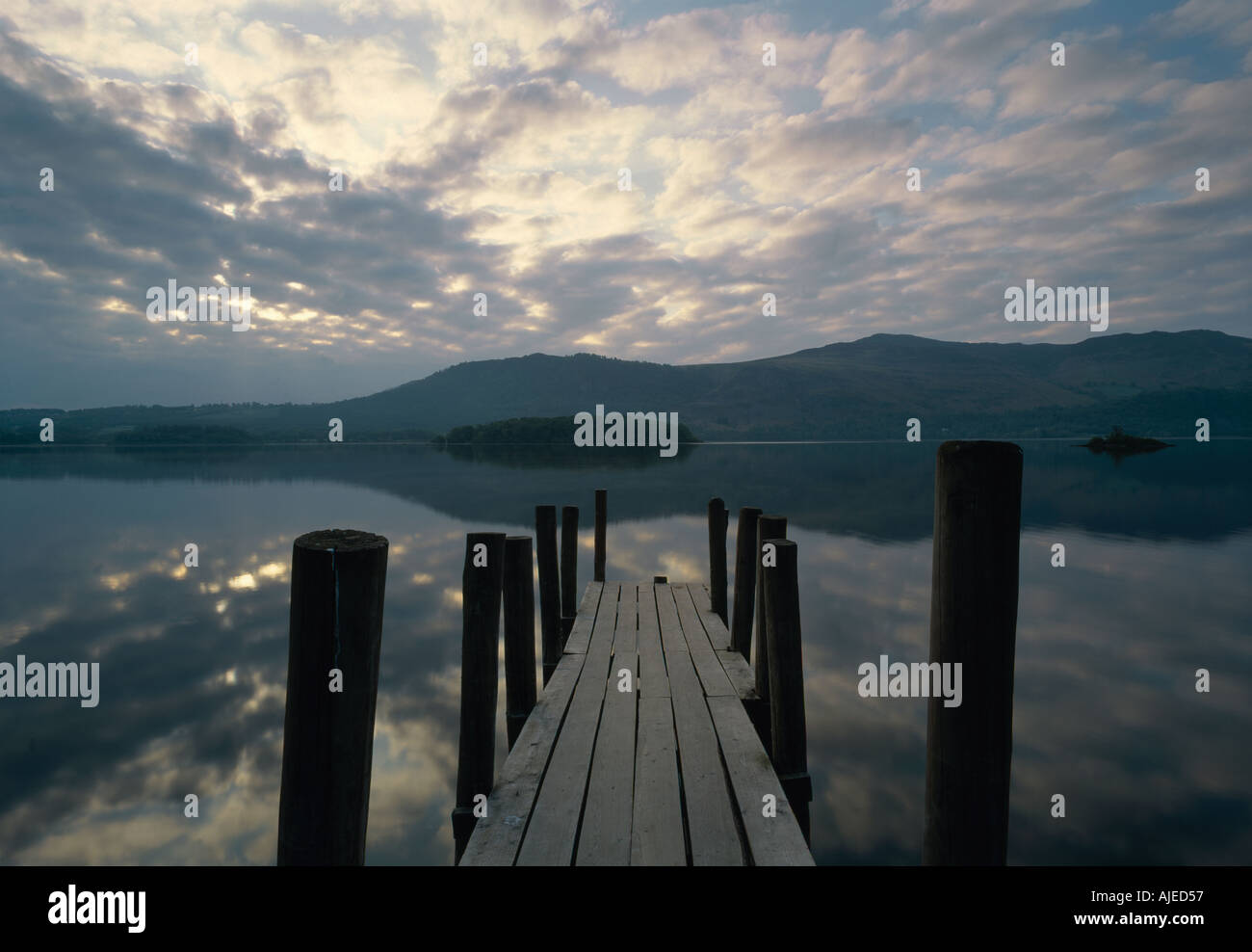 A landing stage at Hawse End with Castlerigg Fell on the far side of ...