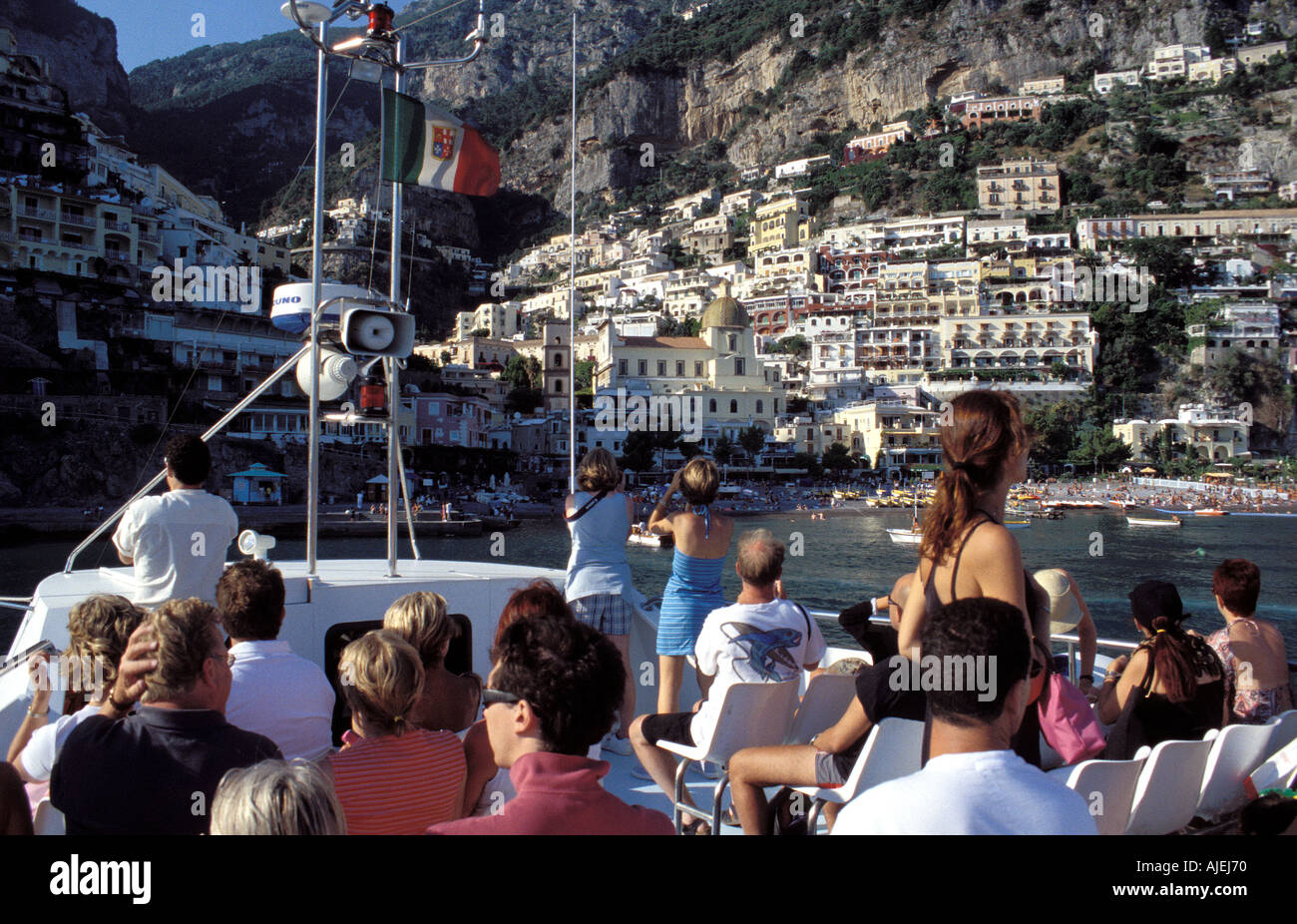 View on Positano harbour from the ferry Stock Photo - Alamy