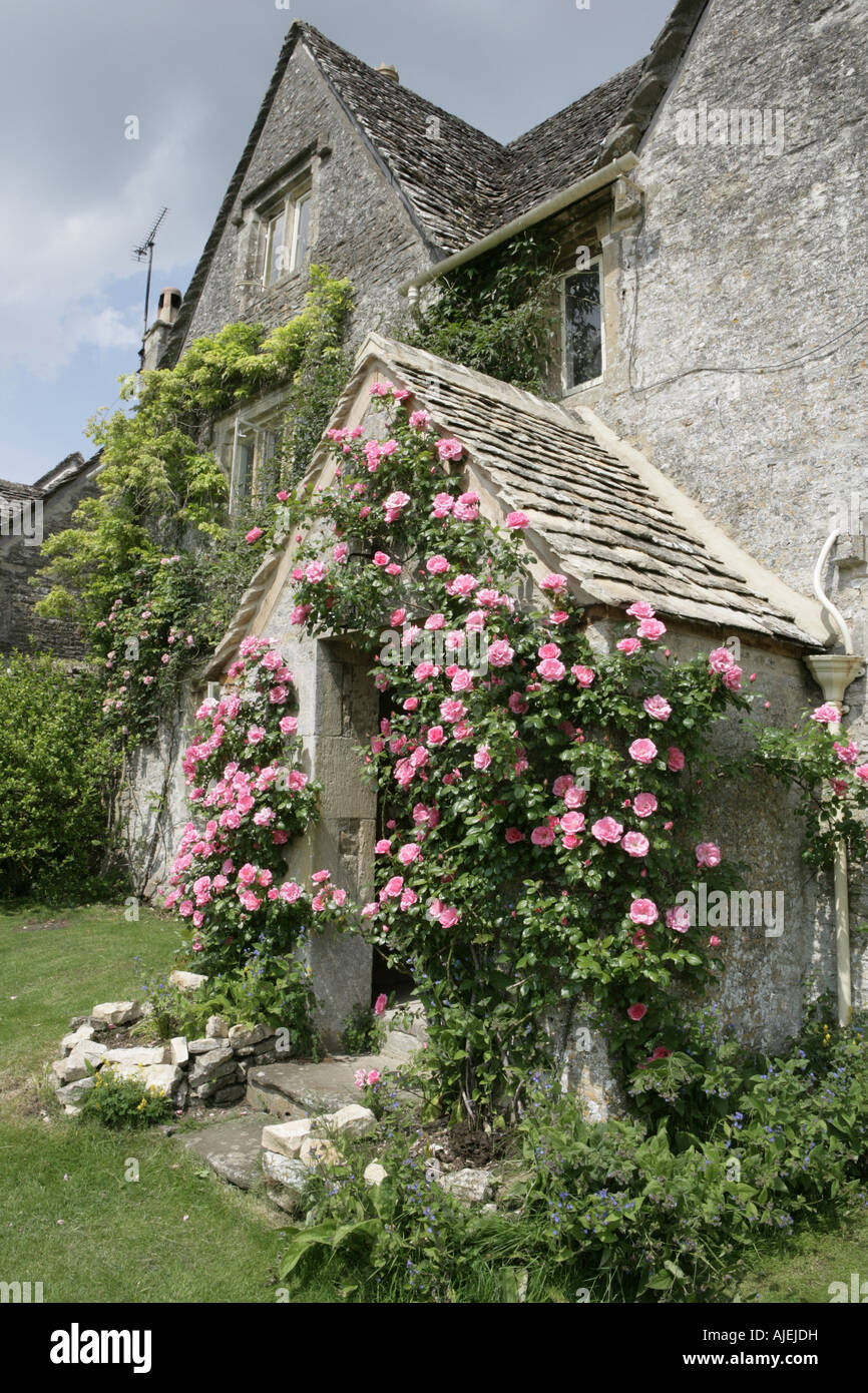 A old farm house in the cotswold hamlet of Calmsden with its roses ...