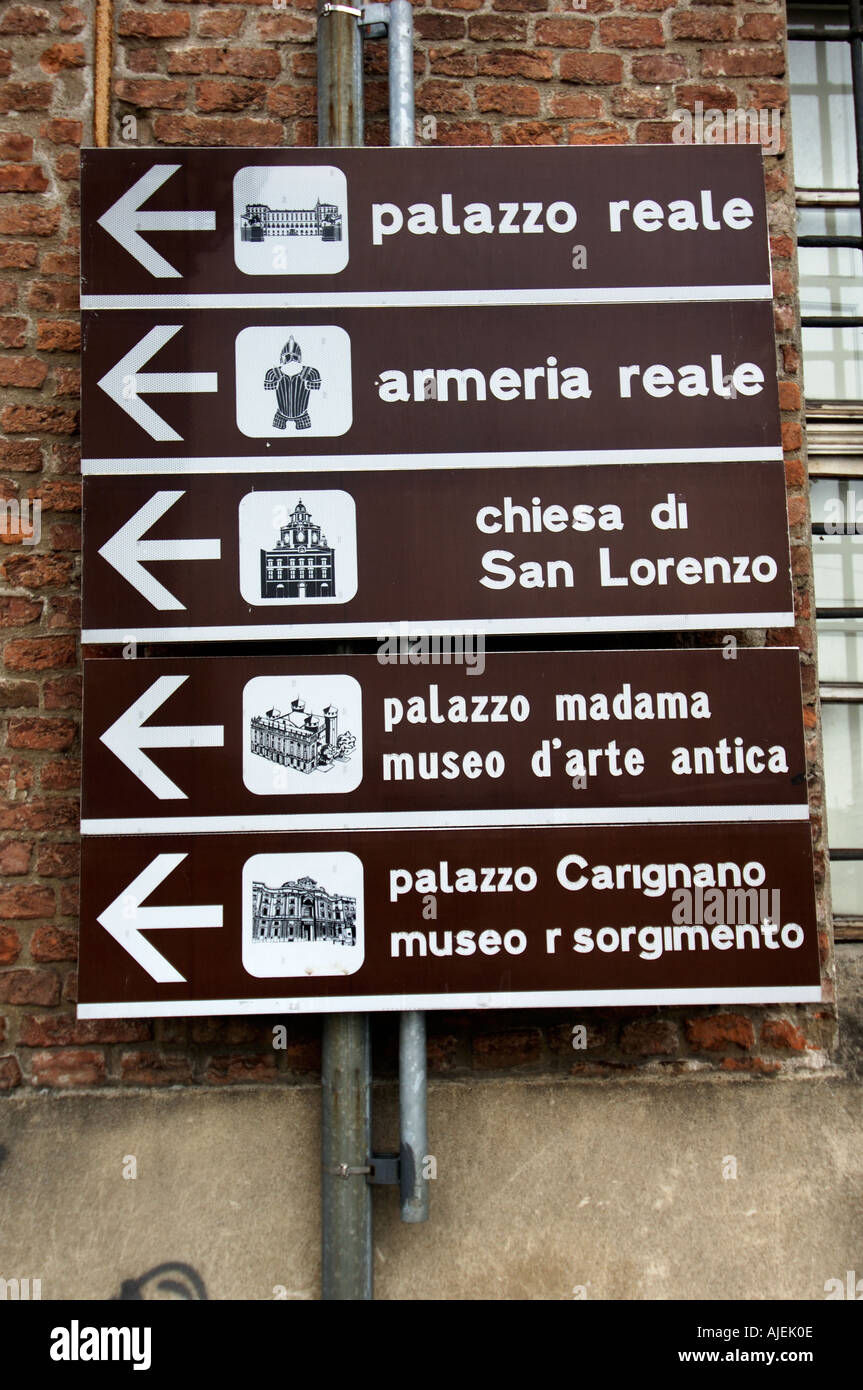 Turin signs to tourist attractions on the Piazza San Giovanni Stock ...