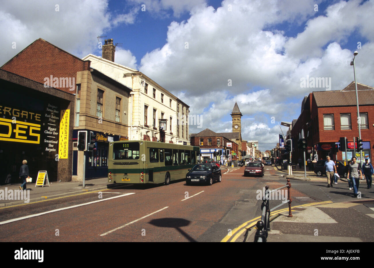 View down Fishergate the main shopping street in Preston with ...