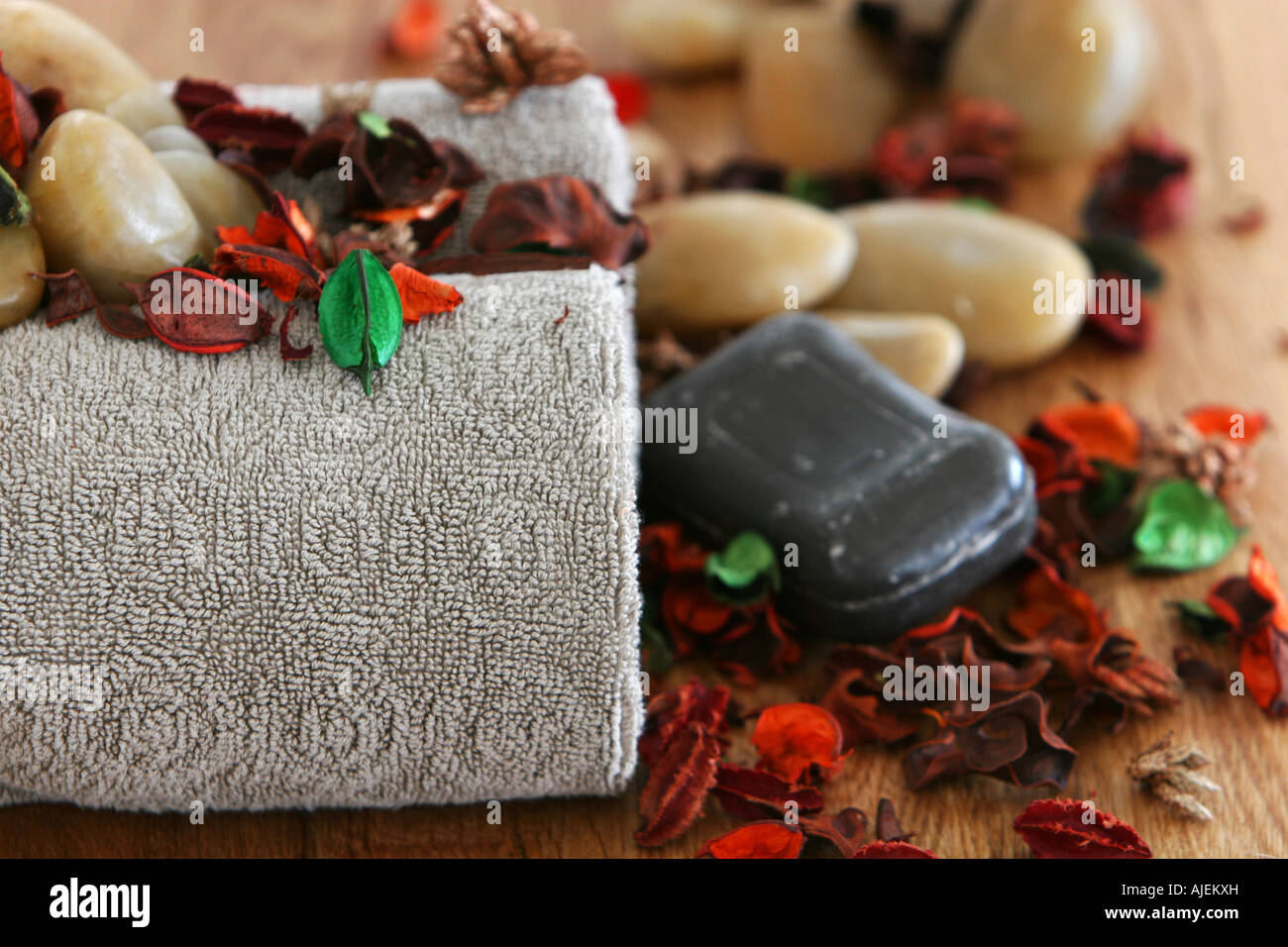 A still live of spa items set up on solid oak very soothing eartly ...