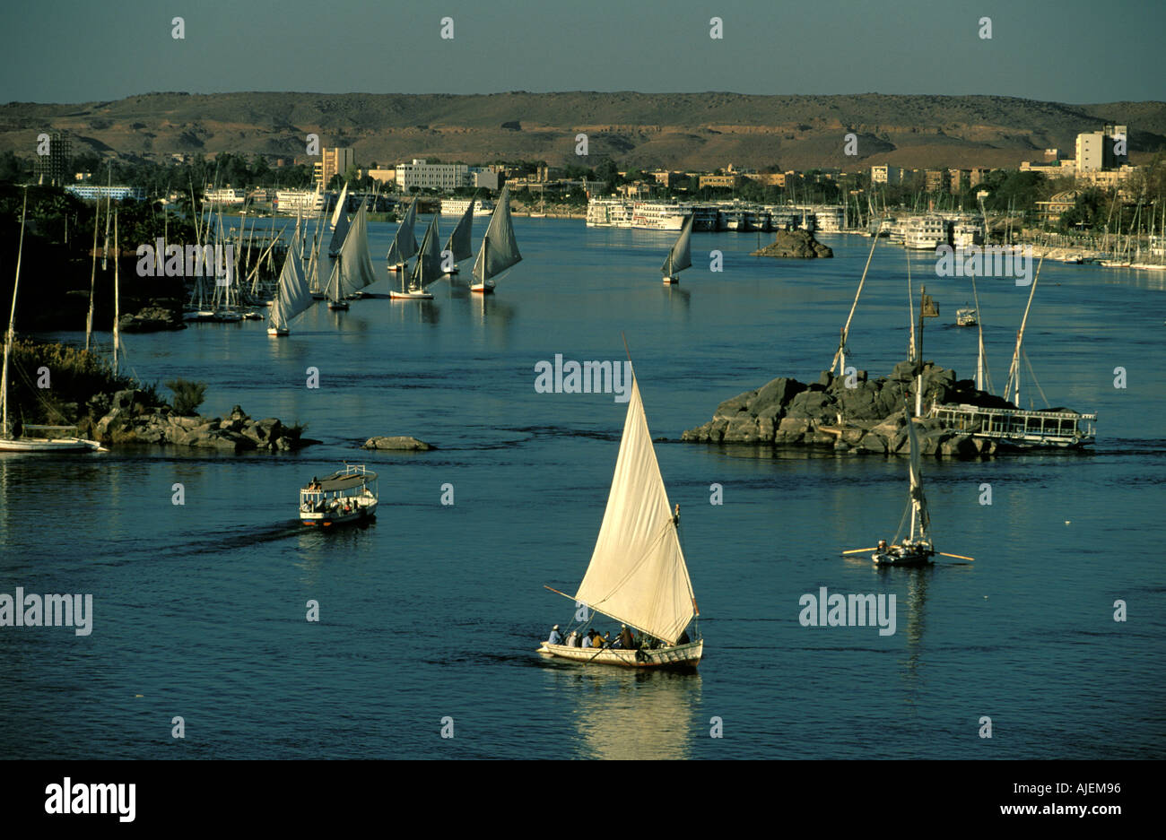 Aswan felucca sailboats on the Nile river Stock Photo - Alamy