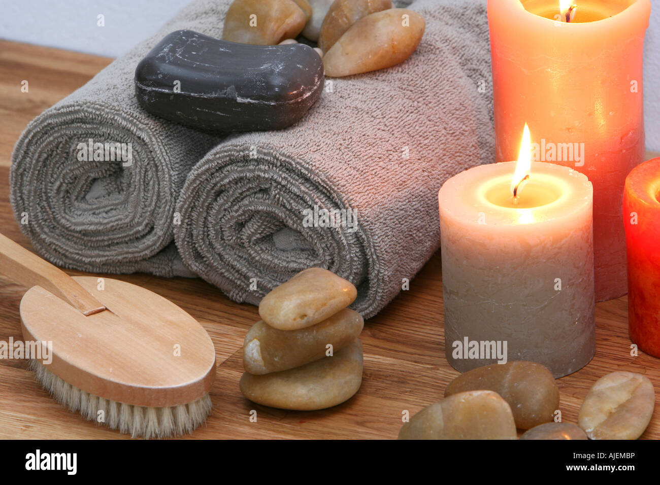A still live of spa items set up on solid oak very soothing eartly ...