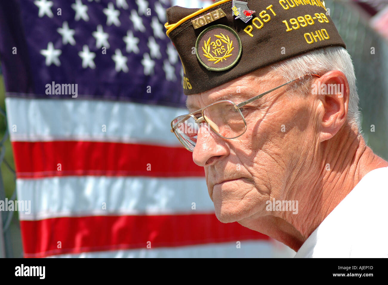 Post Commander of VFW from Korean War with Flag Sad Pensive Stock Photo ...